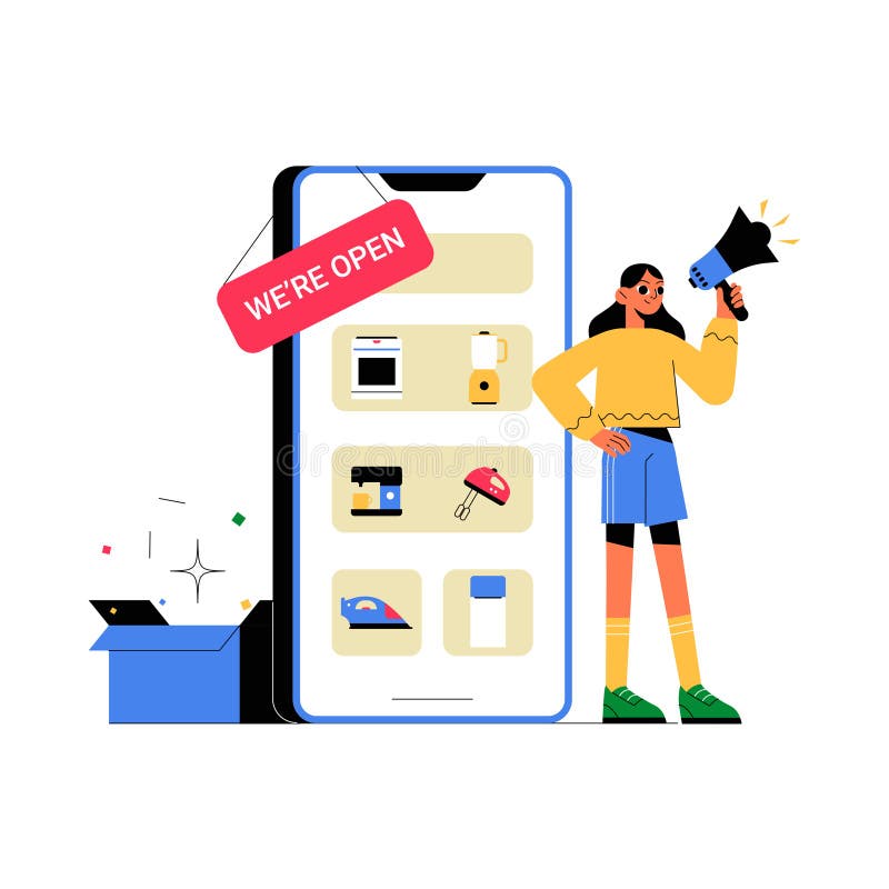 Smartphone Displaying Online Store with Female Promoter, Flat Vector ...