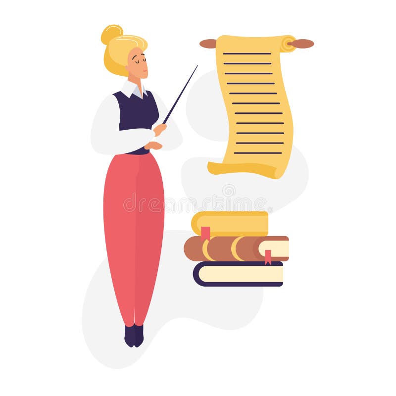 Female Character Teaching, Standing with Pointer Near Stack of Books ...