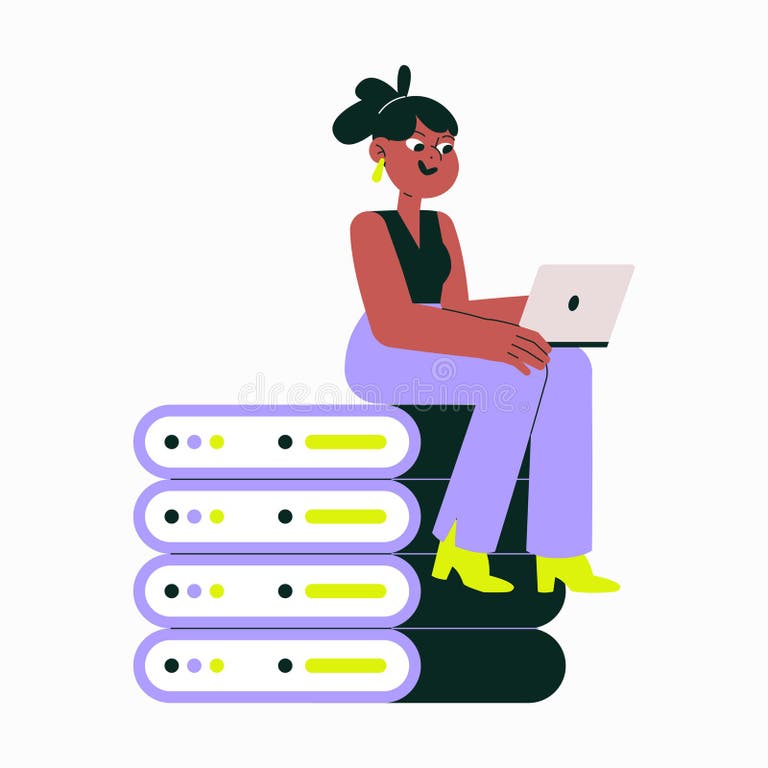 Female Character Sitting on Data Servers in Flat Vector Illustration ...