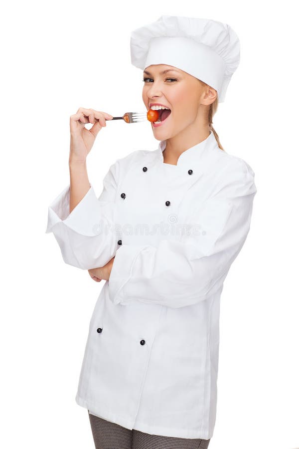 Female Chef, Cook or Baker with Fork and Tomato Stock Image - Image of ...