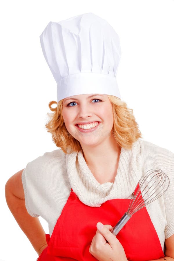 Female Chef Cook with Hat and Red Apron Stock Image - Image of food ...