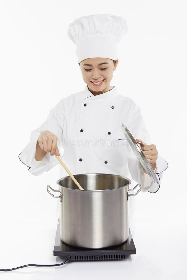 Female Chef Cooking and Stirring Stock Image - Image of drink, cooking ...