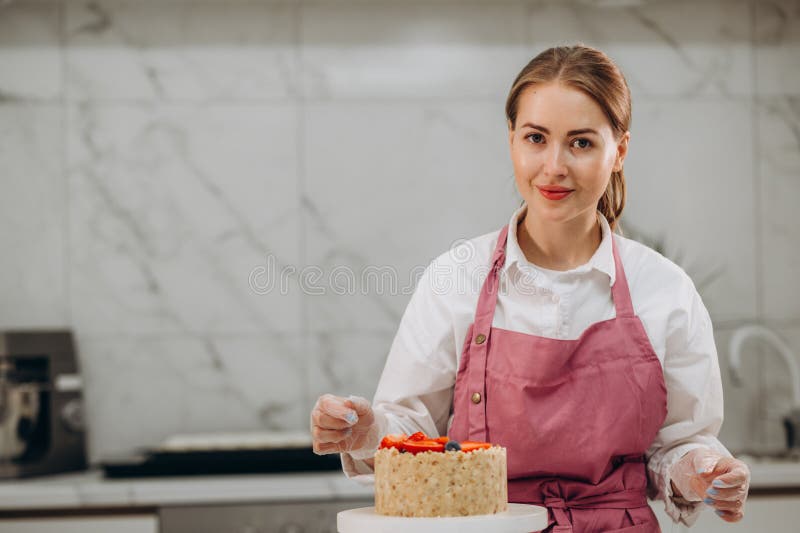 Female Chef Decorate Cheesecake before Serving for Breakfast in ...