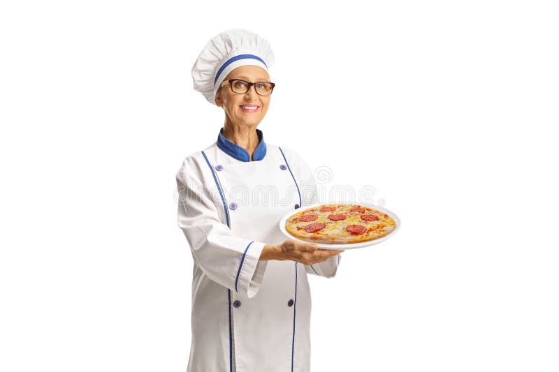 Female Chef Holding Pizza on a Plate Stock Image - Image of food ...