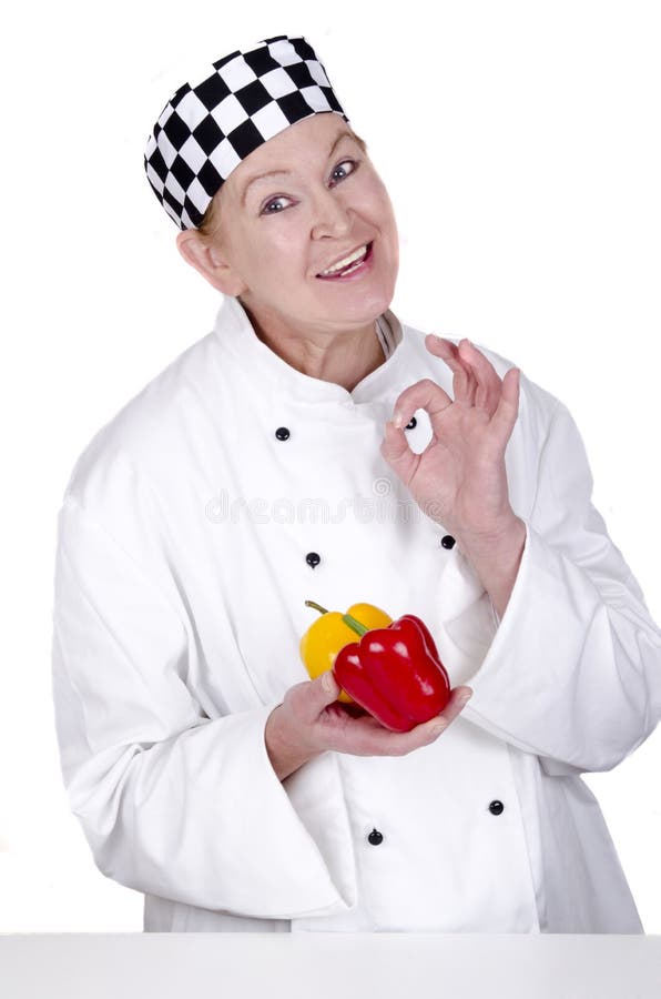 Female Chef Holding Red and Yellow Peppers Stock Photo - Image of chef ...