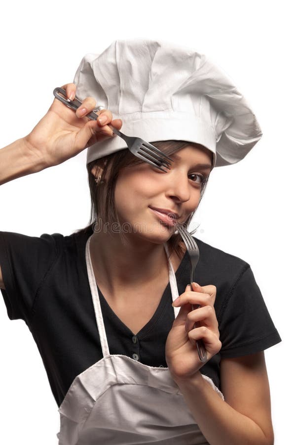 Female Chef Looking through Forks Stock Image - Image of gray, member ...