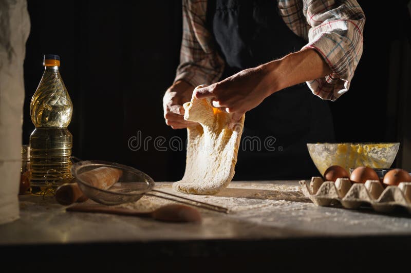 Female Chef in Pizzeria Making Pizza Dough. Process of Making a Pizza ...