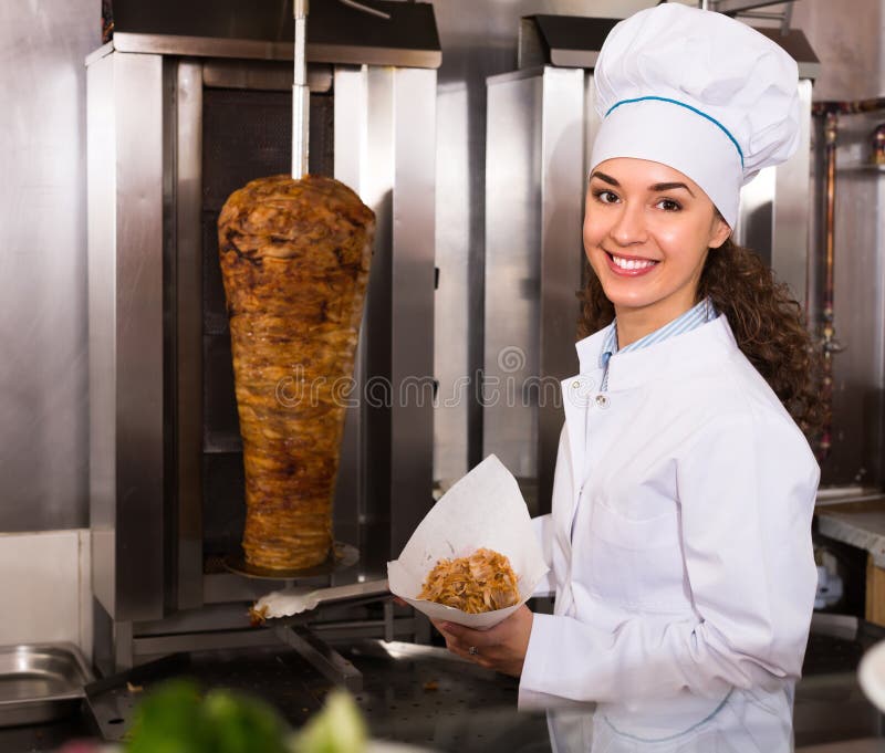 Female Chef Preparing Shawarma Stock Image - Image of brunette, apron ...