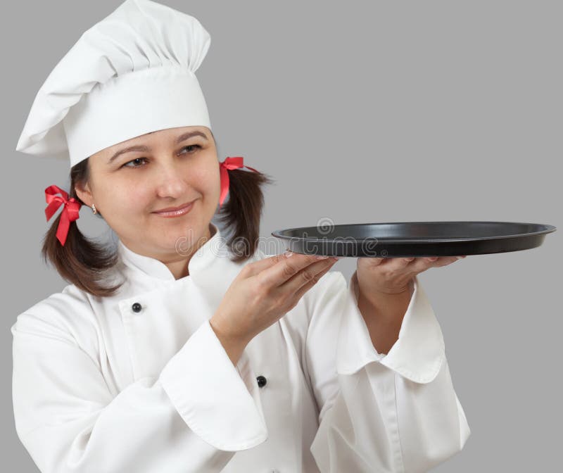 Female chef with a tray. stock photo. Image of head, plate - 30015308
