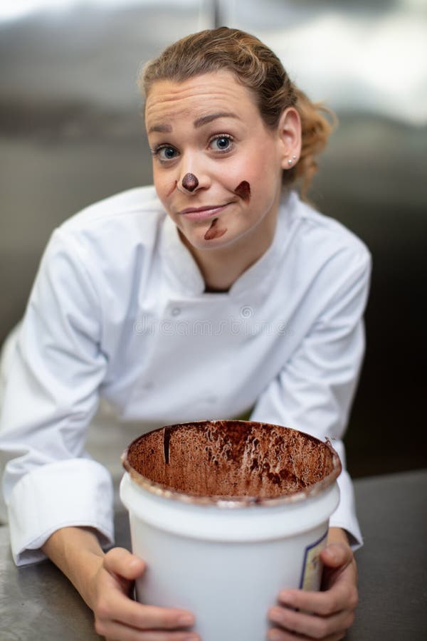 Female Chef Which Chocolate on Face Stock Photo - Image of smear ...