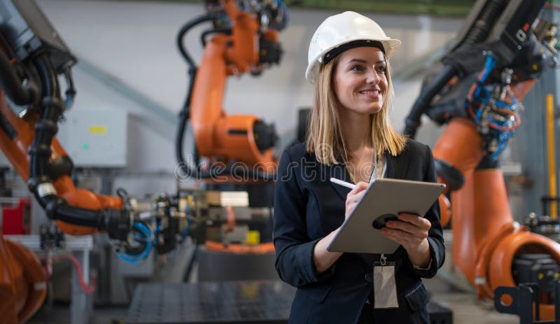 Female Chief Engineer in Modern Industrial Factory Using Tablet and ...