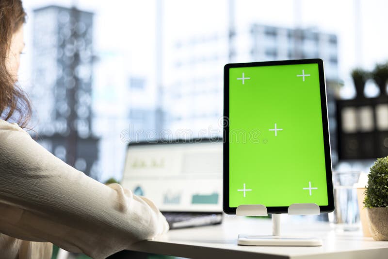 Female Chief Executive Officer Working with Mockup Copy Space Screen on ...