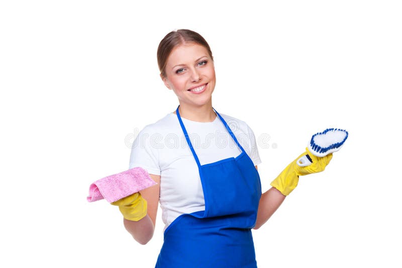 Female Cleaner in Blue Apron Stock Photo - Image of apron, adult: 27567052