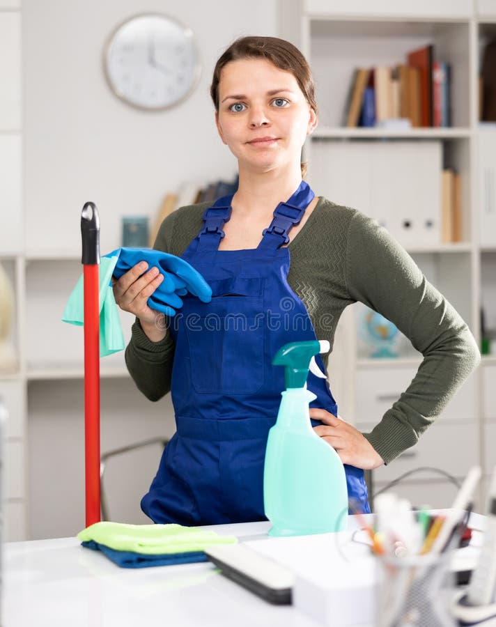 Female Cleaner in Protective Uniform at Company Office Stock Photo ...