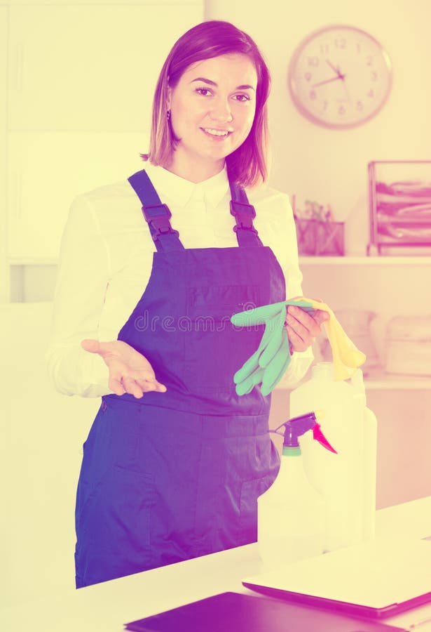 Female cleaner at work stock image. Image of active, dusting - 83618003