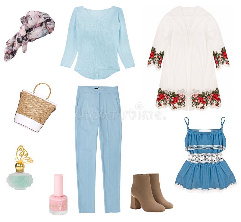 Female Clothes Collage Isolated on White Background Stock Photo - Image ...