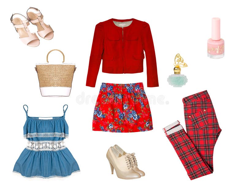 Female Clothes Collage Isolated on White Background Stock Photo - Image ...