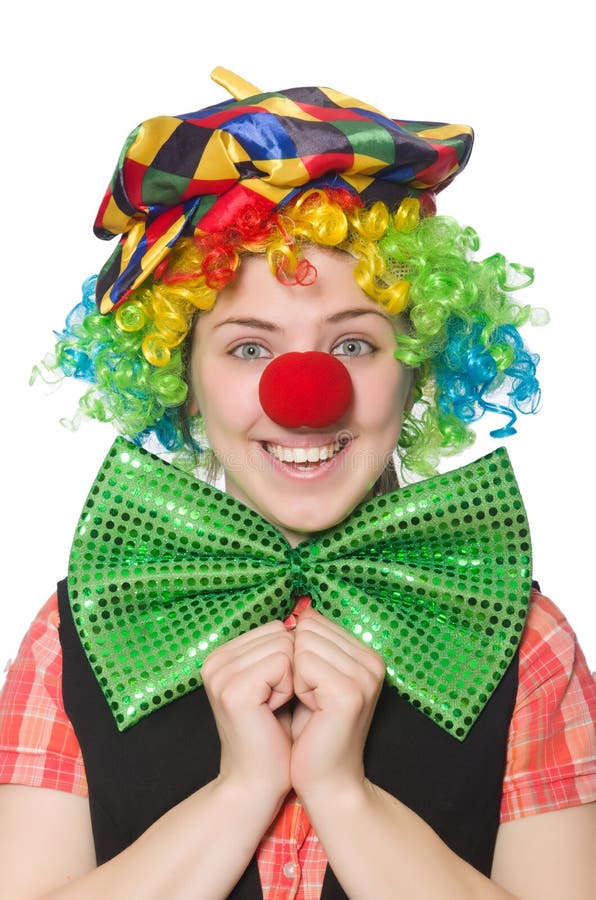 Female Clown Isolated on White Stock Image - Image of jester, happy ...