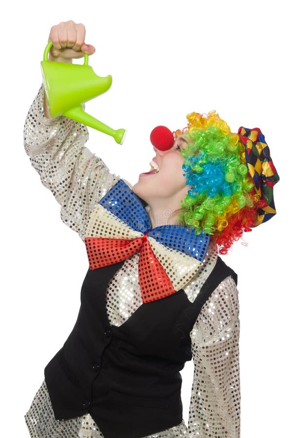 Female Clown with Watering Can Isolated on White Stock Photo - Image of ...