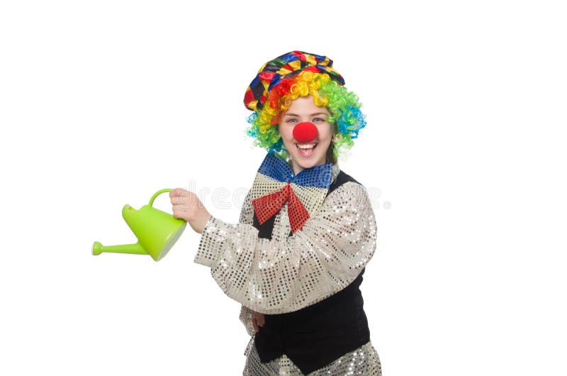 Female Clown with Watering Can Isolated on White Stock Image - Image of ...