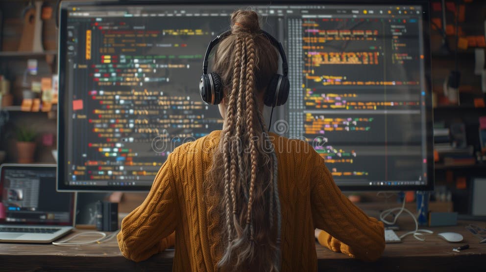 Focused Female Coder with Braids Working on Complex Code Stock ...