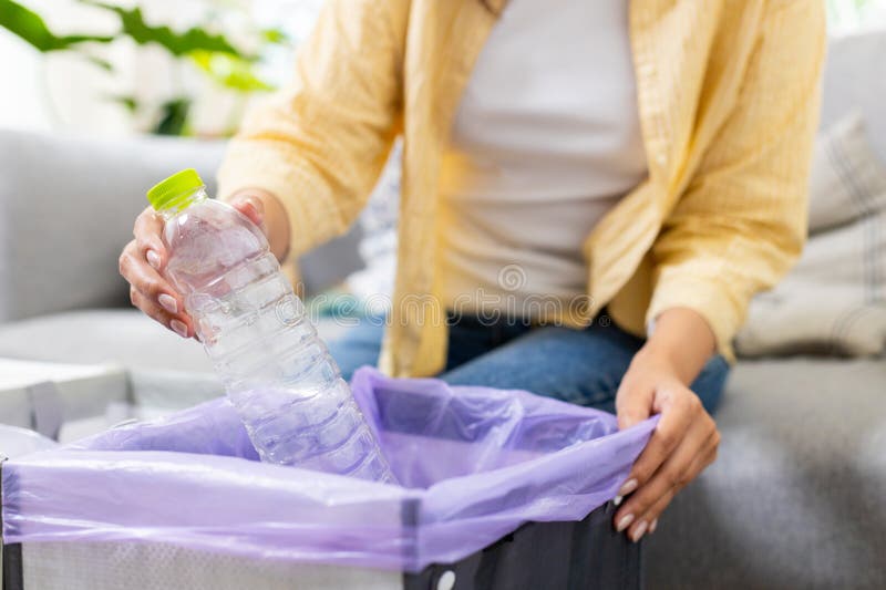 Female Collecting Plastic Bottle Trash into Waste Sorting Bin ...