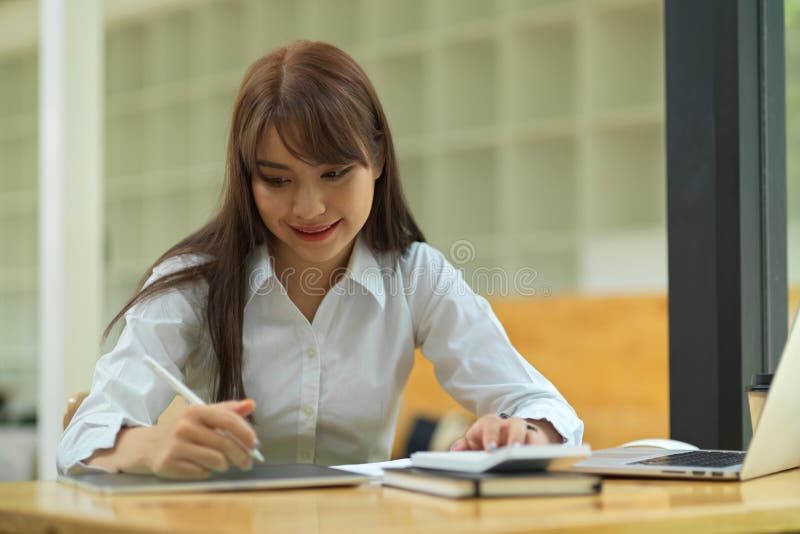 Female College Student Doing Homework and Lecture Stock Image - Image ...
