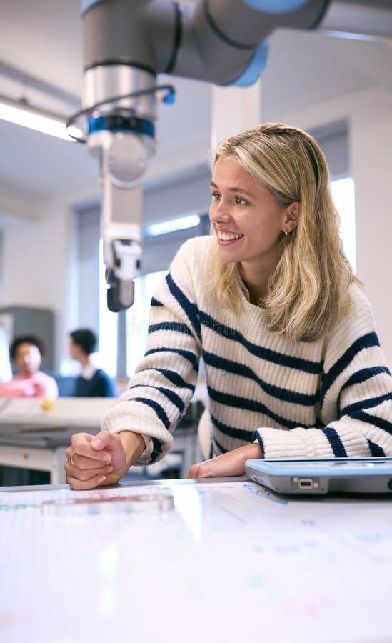 Female College or University Engineering Student in Robotics Class ...