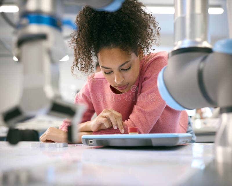 Female College or University Engineering Student in Robotics Class ...