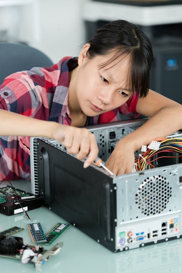 Female Computer Engineer Repairing Tower Pc Stock Image - Image of busy ...