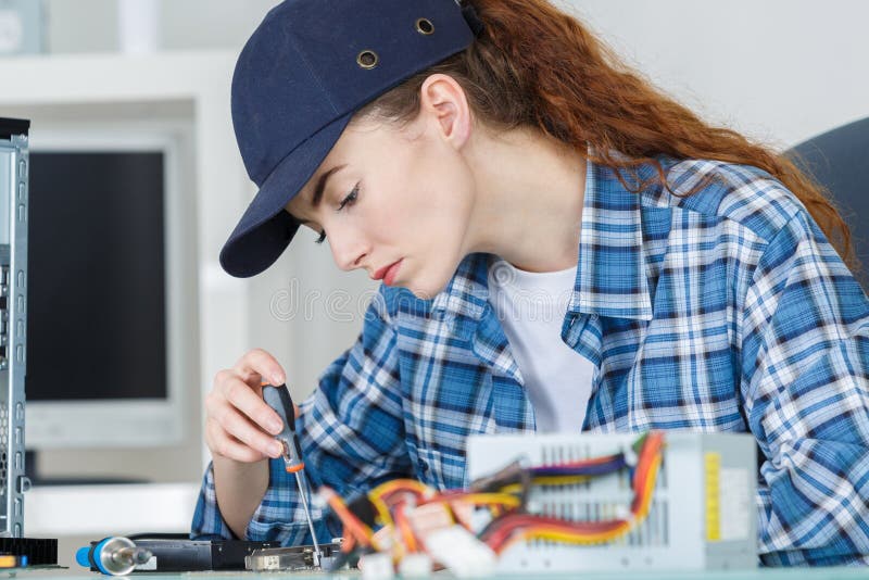 Female Computer Technician at Work Stock Image - Image of workshop ...
