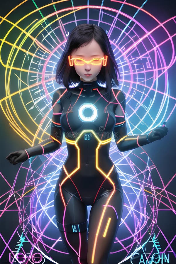 Female Connected To VR Outlined Glowing Illustration Stock Illustration ...