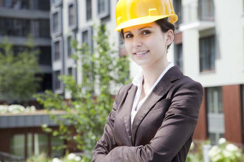 Female Construction Engineer in Helmet Stock Image - Image of ...