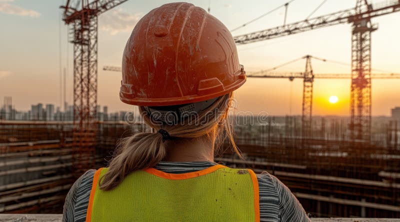 Female Construction Worker Looking at Sunset Over Construction Site ...