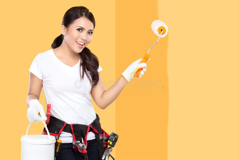 Female Construction Worker Painting Stock Image - Image of factory ...