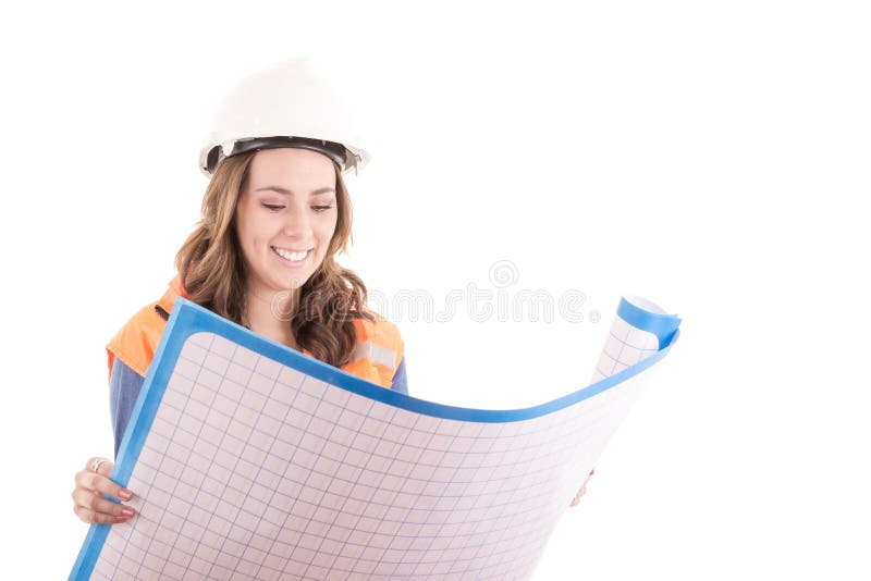 Female Construction Worker Reading Blue Prints Stock Photo - Image of ...