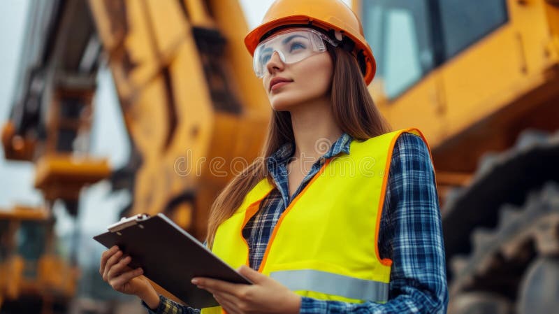 Female Construction Worker in Safety Gear Holding Clipboard Stock ...