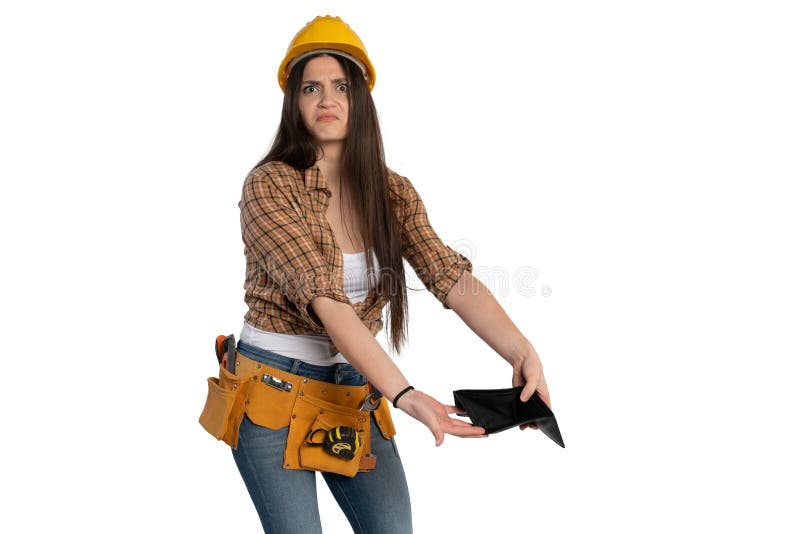 Frustrated Female Construction Worker Showing an Empty Wallet Stock ...