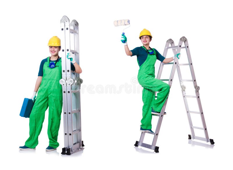 The Female Construction Worker with Toolkit and Ladder Stock Photo ...