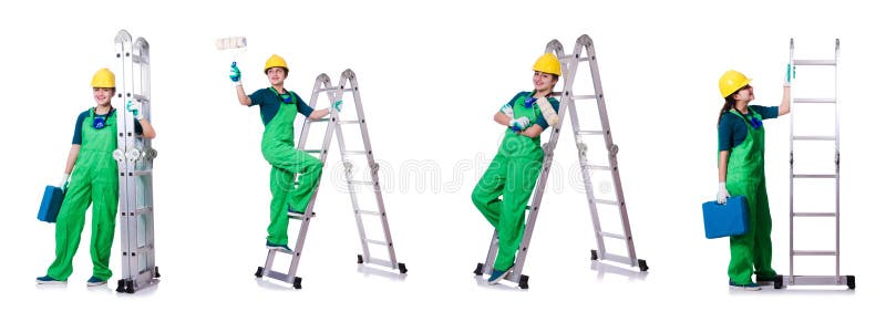 The Female Construction Worker with Toolkit and Ladder Stock Image ...