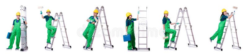 The Female Construction Worker with Toolkit and Ladder Stock Photo ...