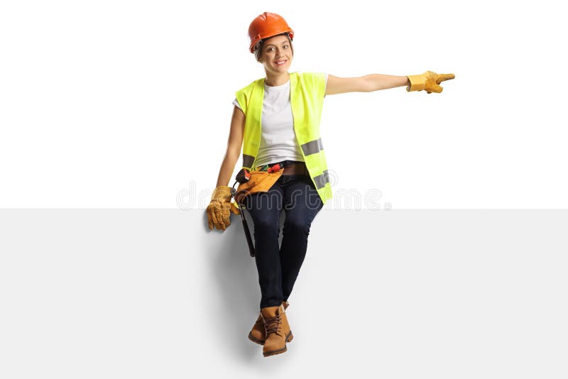 Female Construction Worker Wearing a Hardhat and a Tool Belt Sitting on ...