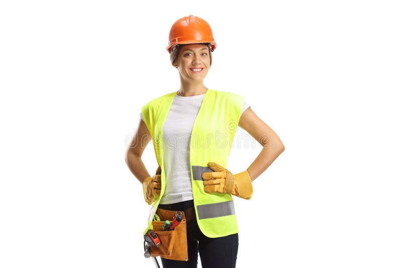 Female Construction Worker Wearing a Helmet and a Tool Belt Stock Image ...