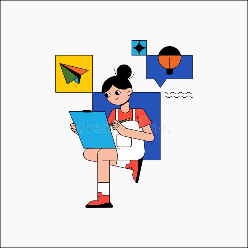 Female Content Creator Reviewing Ideas on Tablet in Flat Vector ...