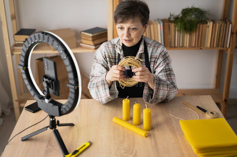 Female Content Creator Using Smartphone and Ring Light Record Video ...