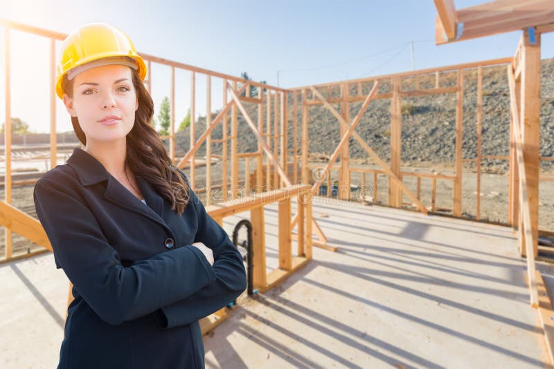 Female Contractor in Hard Hat at Construction Site Stock Photo - Image ...