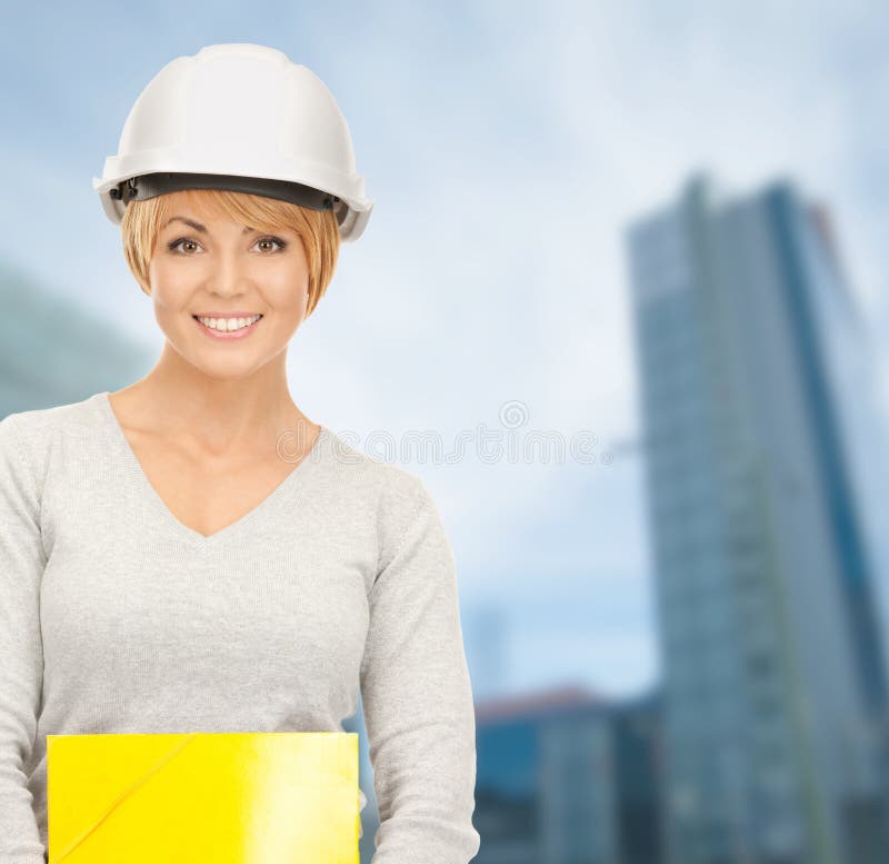 Female Contractor in Helmet with Bluepring Stock Image - Image of ...