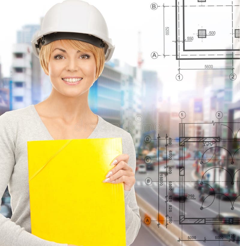 Female Contractor in Helmet with Folder Stock Photo - Image of ...