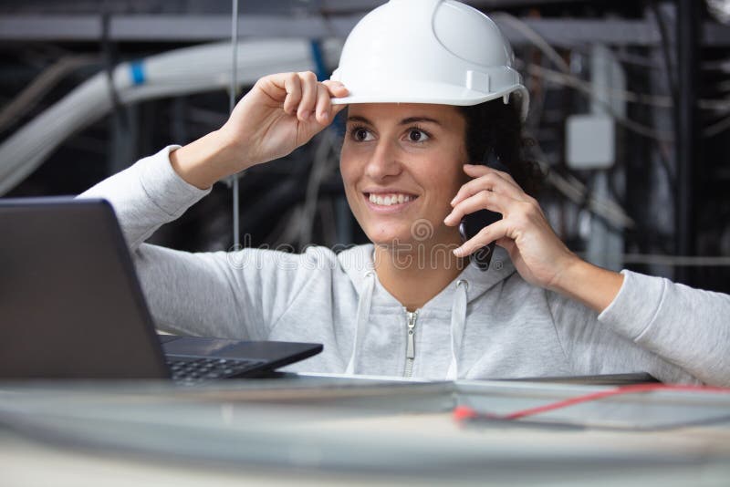 Female Contractor Using Laptop in Roofspace Stock Image - Image of blue ...
