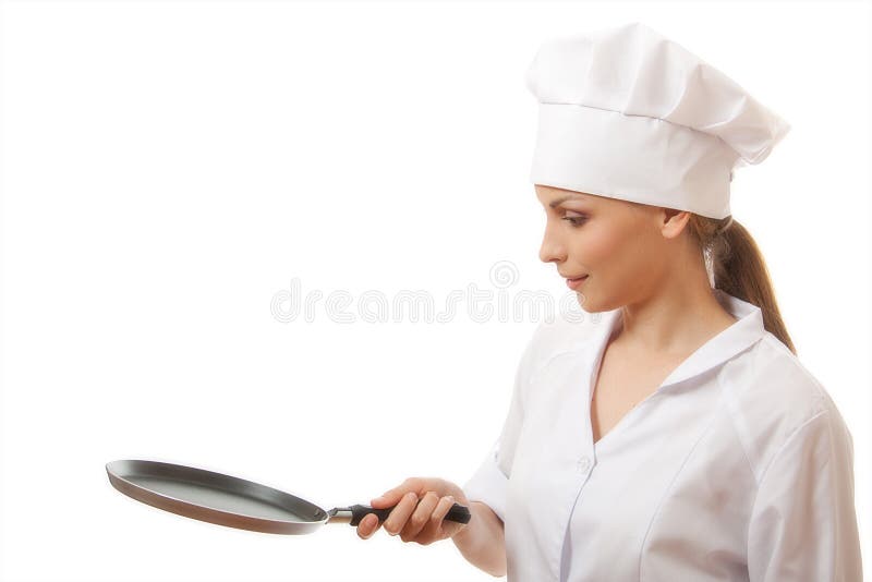 Female Cook / Chef in White Uniform with Pan Stock Photo - Image of ...